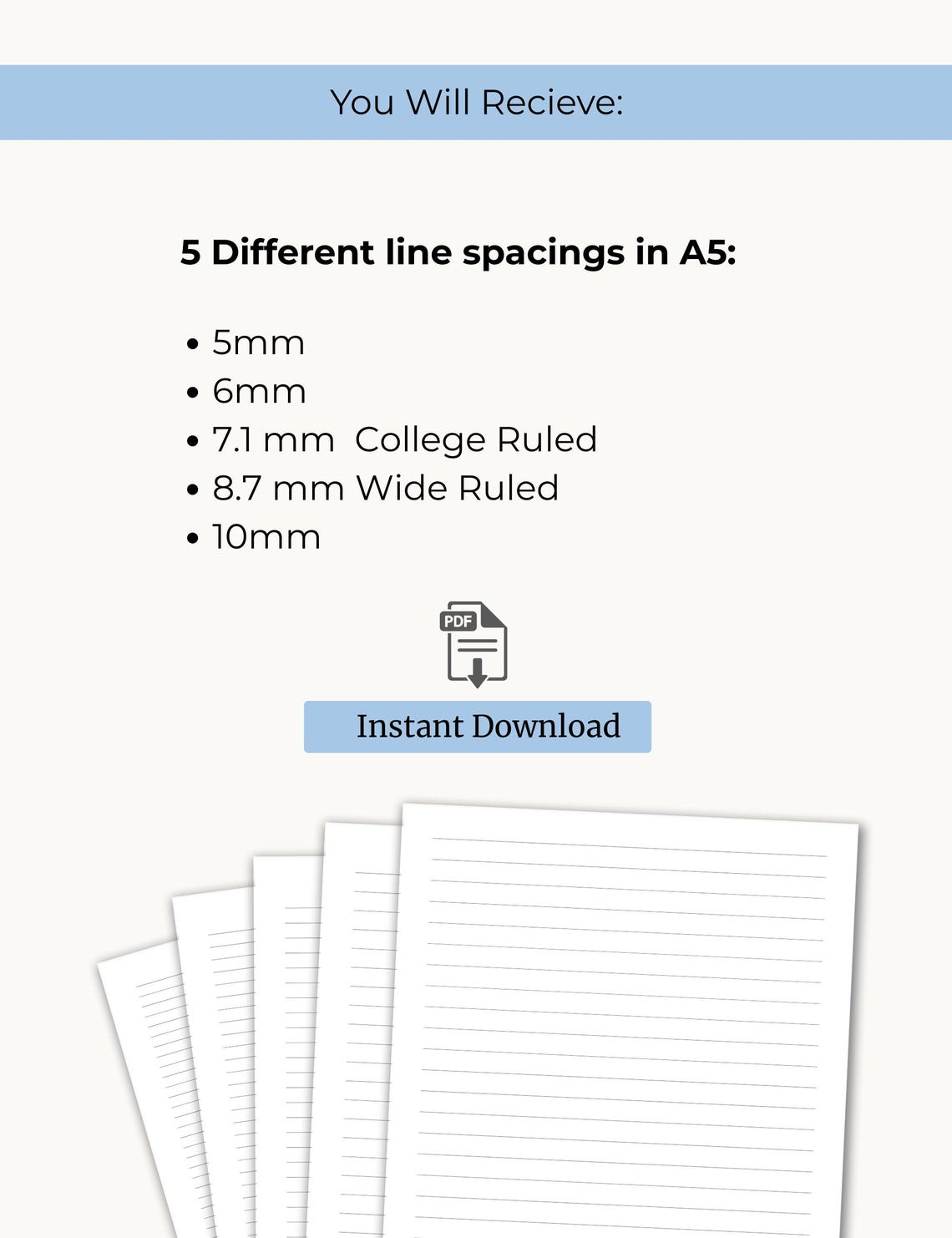 Printable Lined Paper PDF. A5 Size. Wide Ruled, College Ruled, 5mm 6mm ...