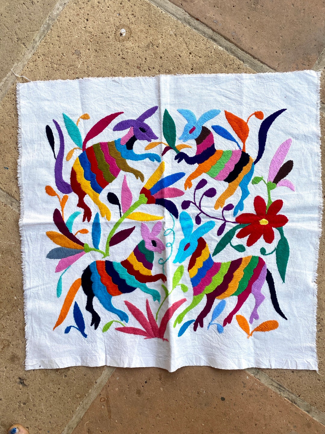 Small Otomi Mexican Hand Embroidered Tapestry With Animales and Flowers ...