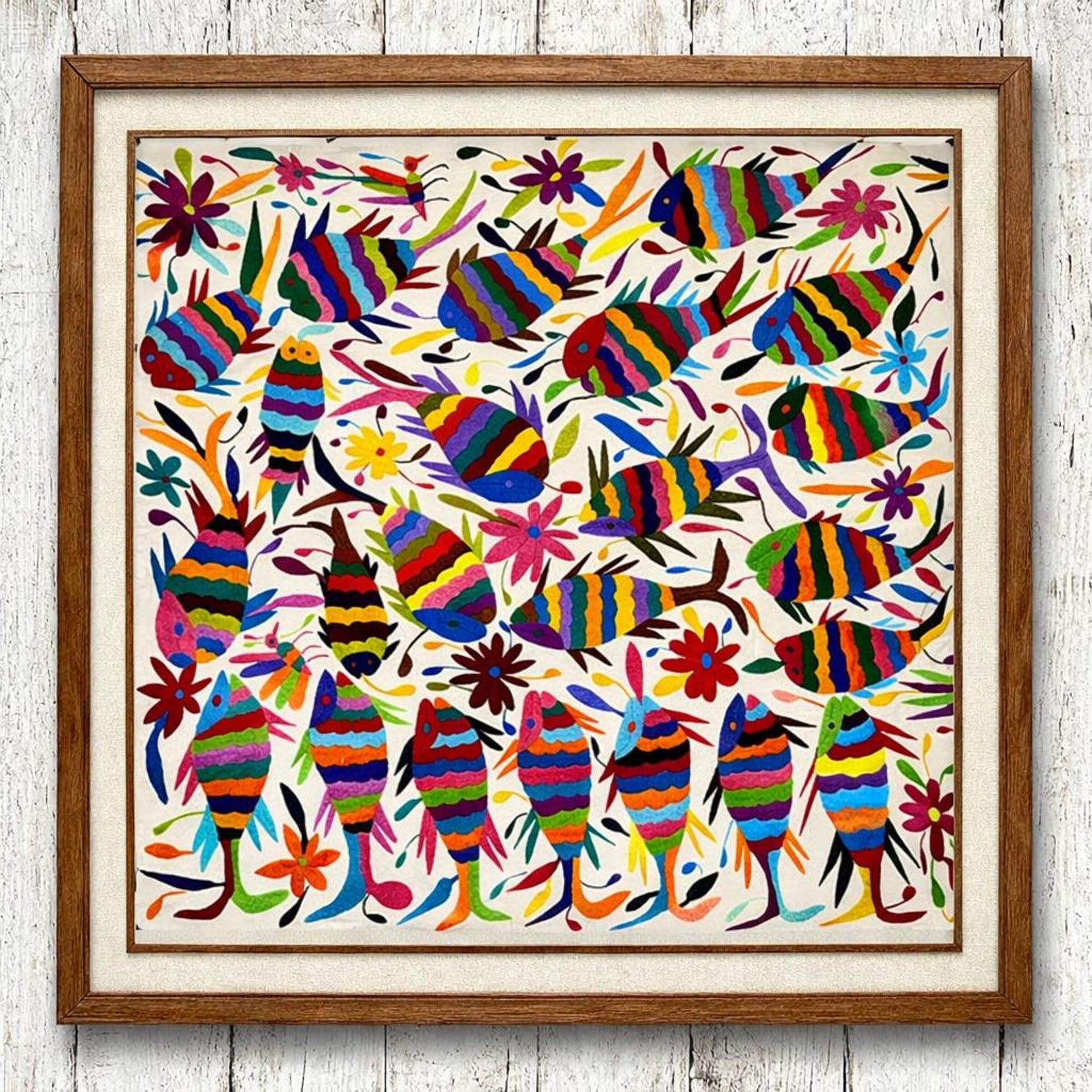 Hand Embroidered Otomi Wall Hanging: Mexican Folk Art, Rainbow Fish ...