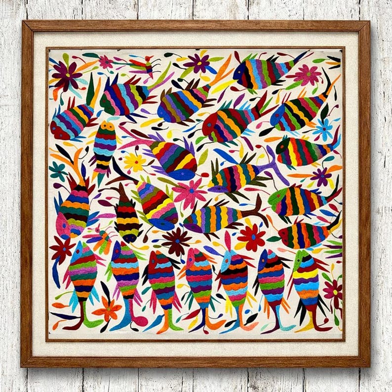 Hand Embroidered Otomi Wall Hanging: Mexican Folk Art, Rainbow Fish ...