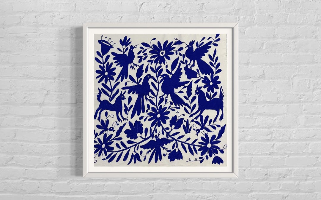 Handmade Otomi Embroidery on Manta Fabric – Royal Blue Design With ...