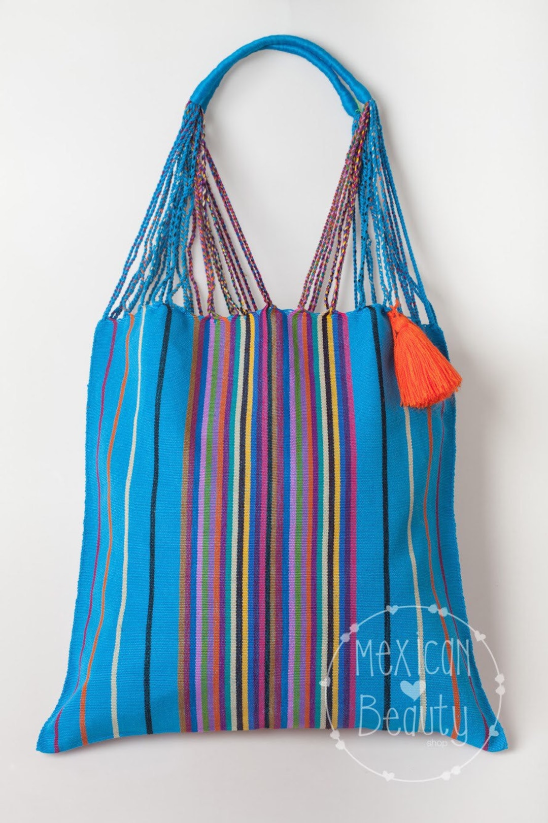 Mexican Blue Loom Woven Tote With Rainbow Stripes - Etsy