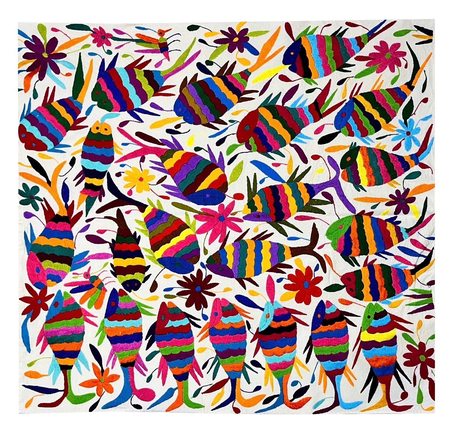 Hand Embroidered Otomi Wall Hanging: Mexican Folk Art, Rainbow Fish ...