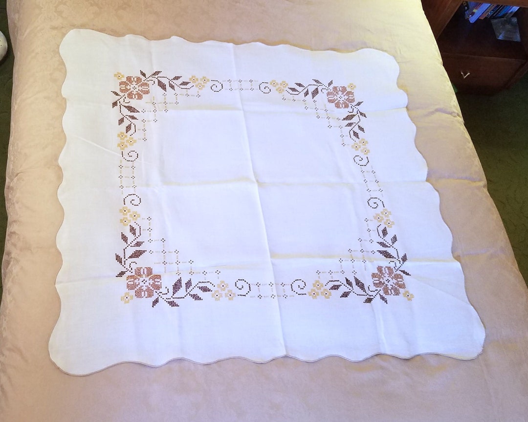 Tablecloth, Vintage, Hand Embroidered off White, Tan, Brown ...
