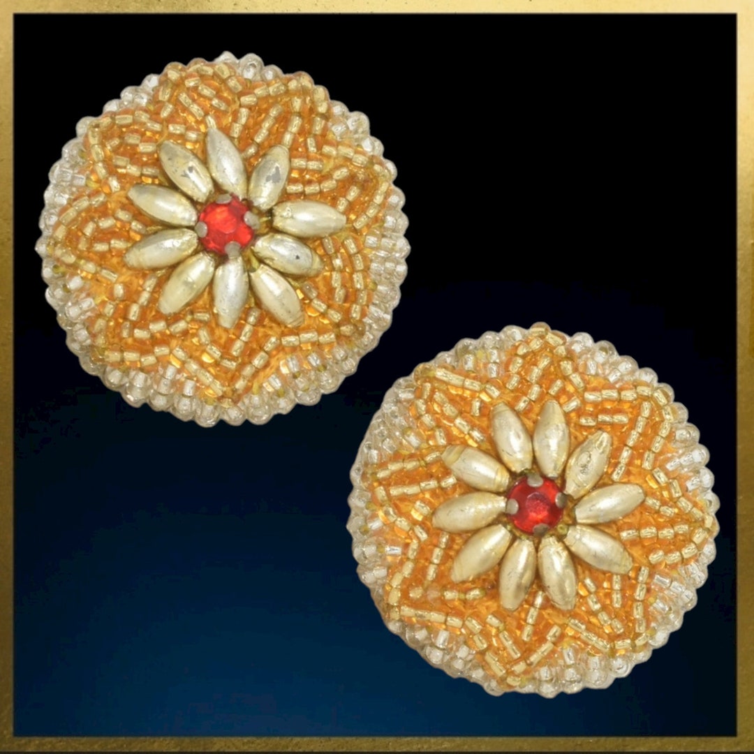 Large Hand Crafted Gold Seed Bead & Red Crystal Shank Buttons Vintage ...