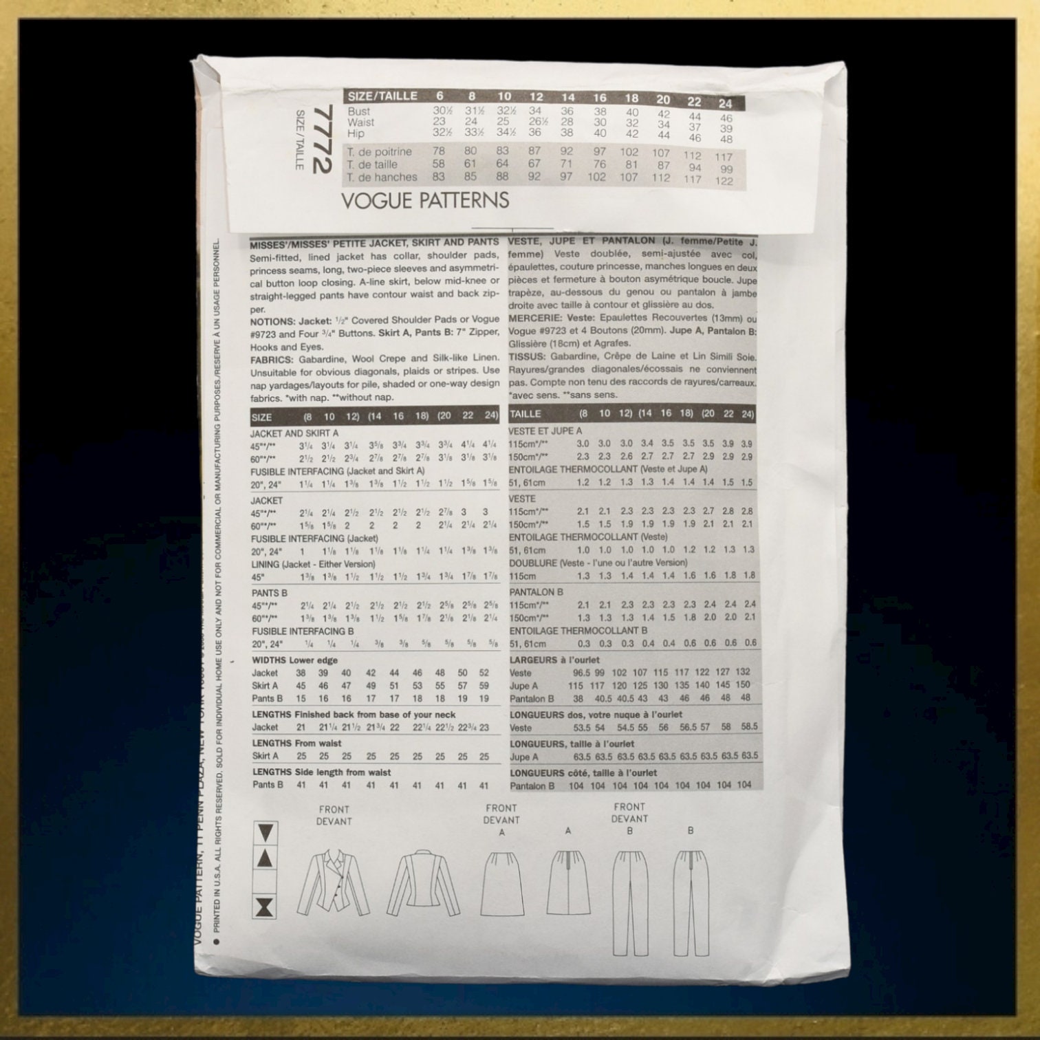 Vogue Sewing Pattern 7772 Jacket, Skirt & Pants Sz 14/16/18 New Uncut ...