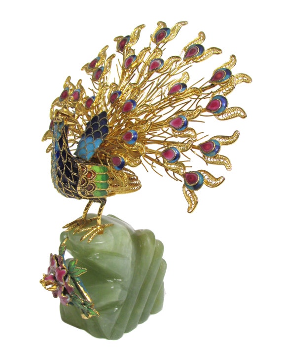 Chinese Jade & Enamel Peacock Sculpture Art Objects Art & Collectibles ...
