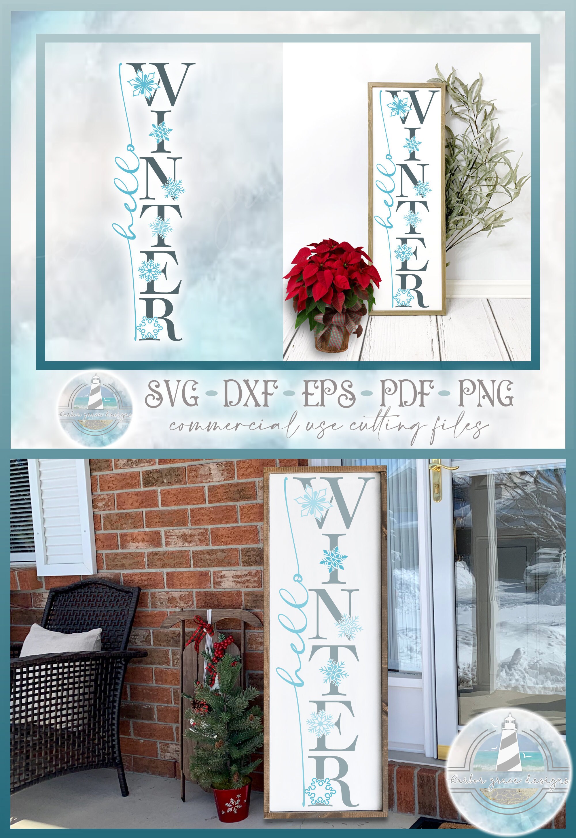 Hello Winter With Snowflakes - Tall Vertical Front Porch Sign Quote SVG ...