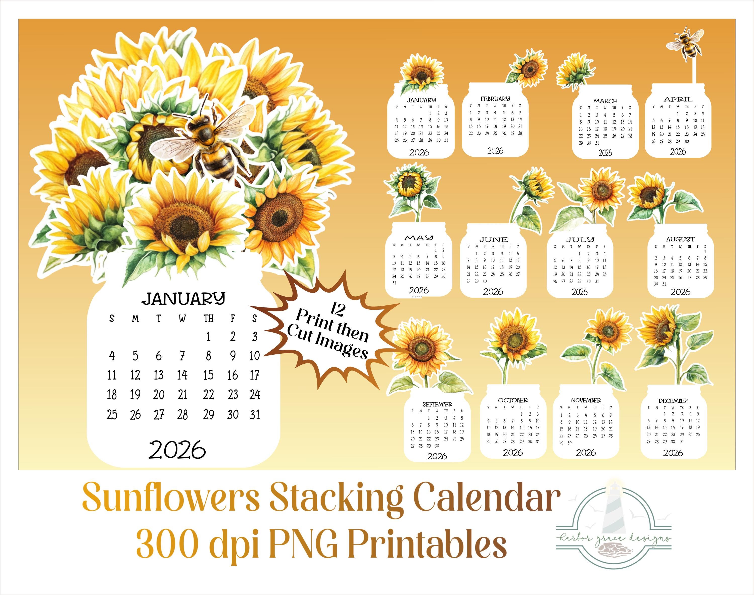 2026 Sunflowers Desktop Calendar Print Then Cut PNG Images for Cricut ...