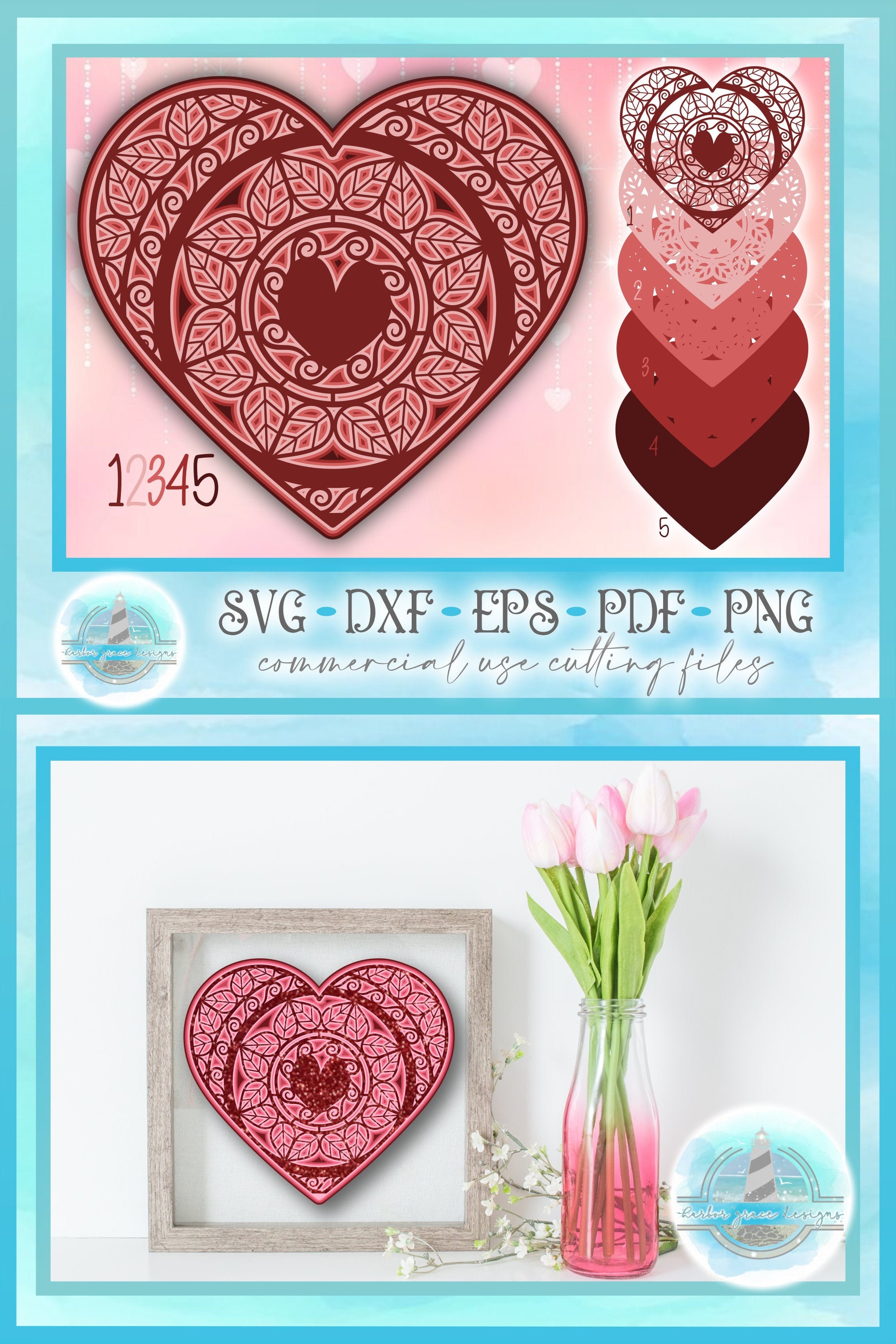 3D Valentines Day Heart Mandala SVG File Multi Layered | Etsy