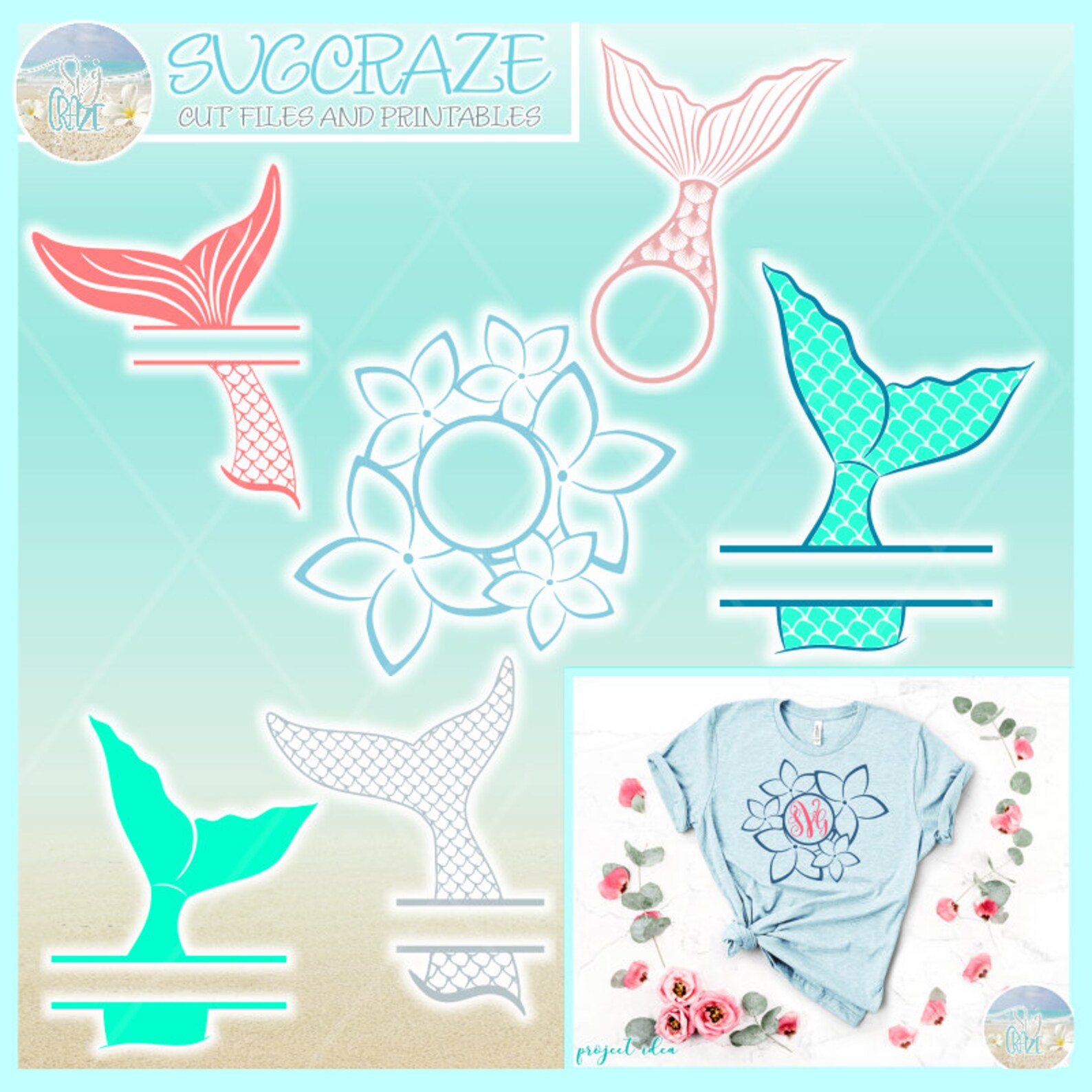 Mermaid Tail Monogram Split Frame Bundle SVG Files for Cricut - Etsy