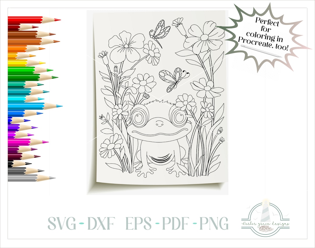 Frog and Wildflowers Printable Coloring Page, Coloring Book for Kids ...