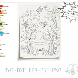 Frog and Wildflowers Printable Coloring Page, Coloring Book for Kids ...