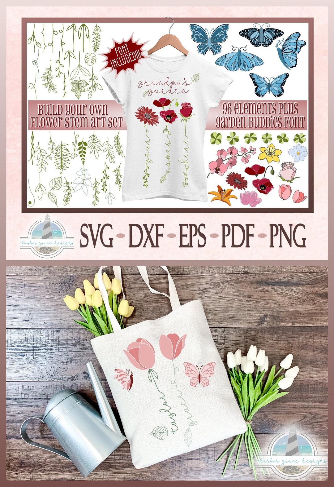 Flower Stem Art, SVG Bundle, Garden Buddies FONT INCLUDED, Flower Name ...