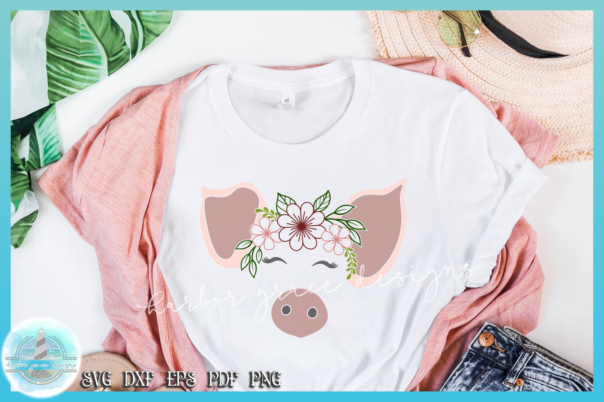 Pig Face With Lineart Flower Swag Headband SVG Files for Cricut ...