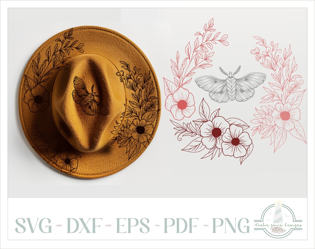 READY TO PRINT - Fits 15"x13.5" Hats - Moth and Flowers Hat Burning ...