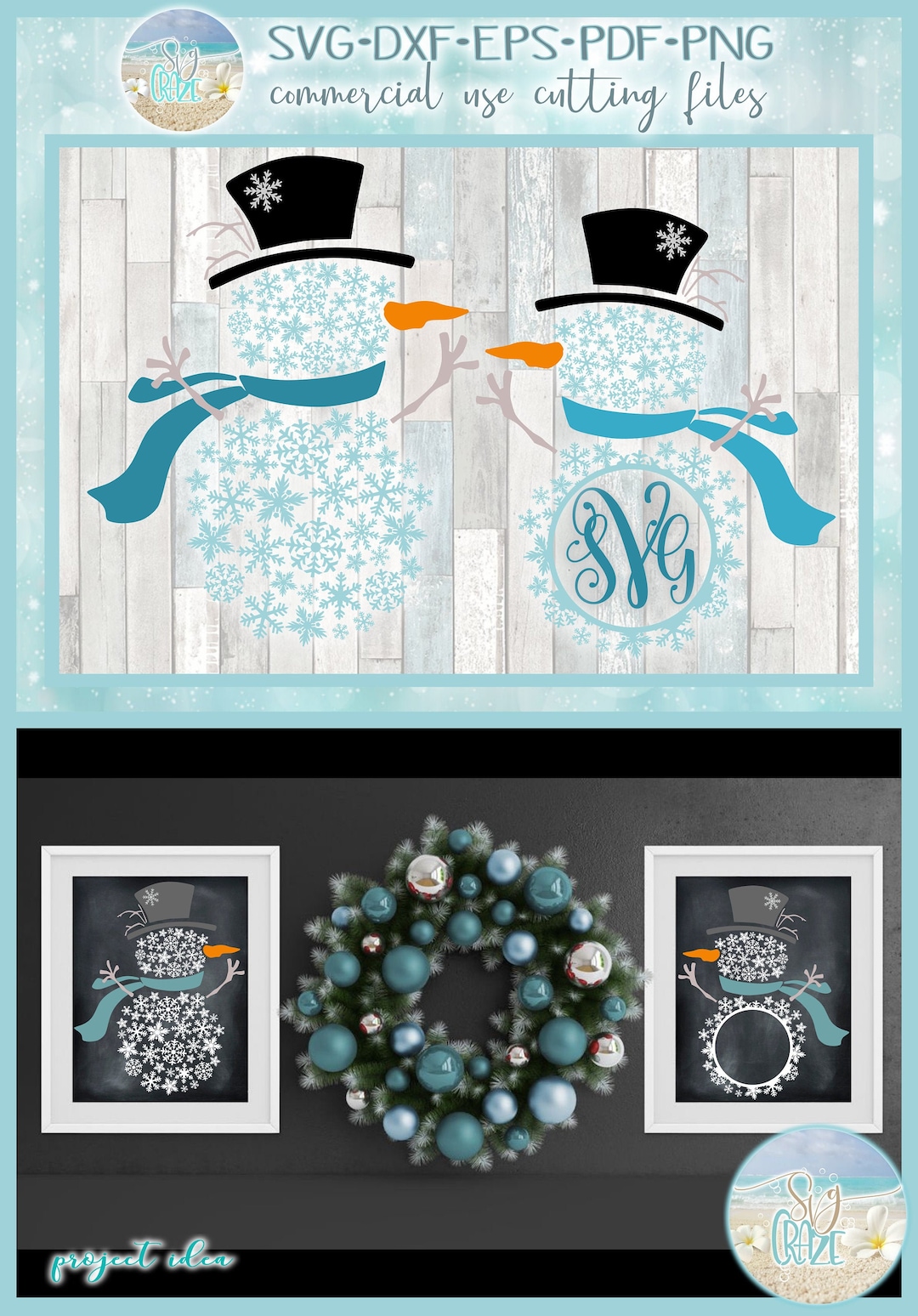 Snowflakes Snowman Monogram SVG Files for Cricut Silhouette - Dxf Eps ...