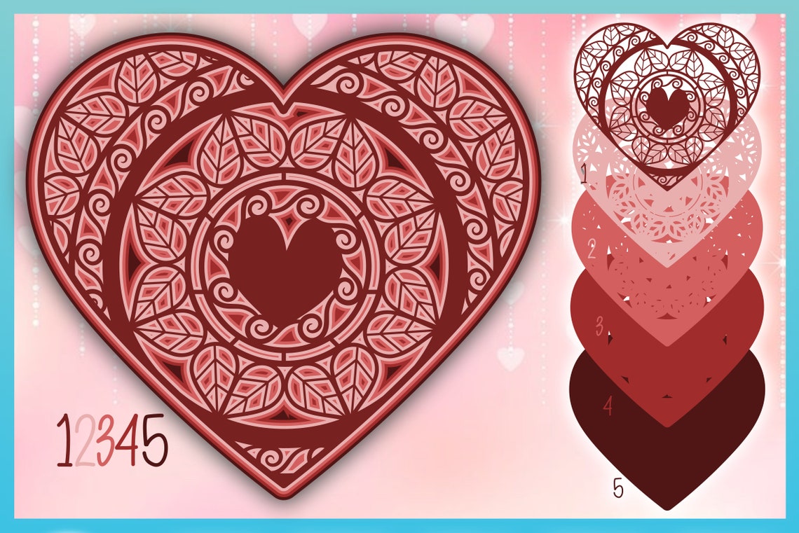 3D Valentines Day Heart Mandala SVG File Multi Layered | Etsy