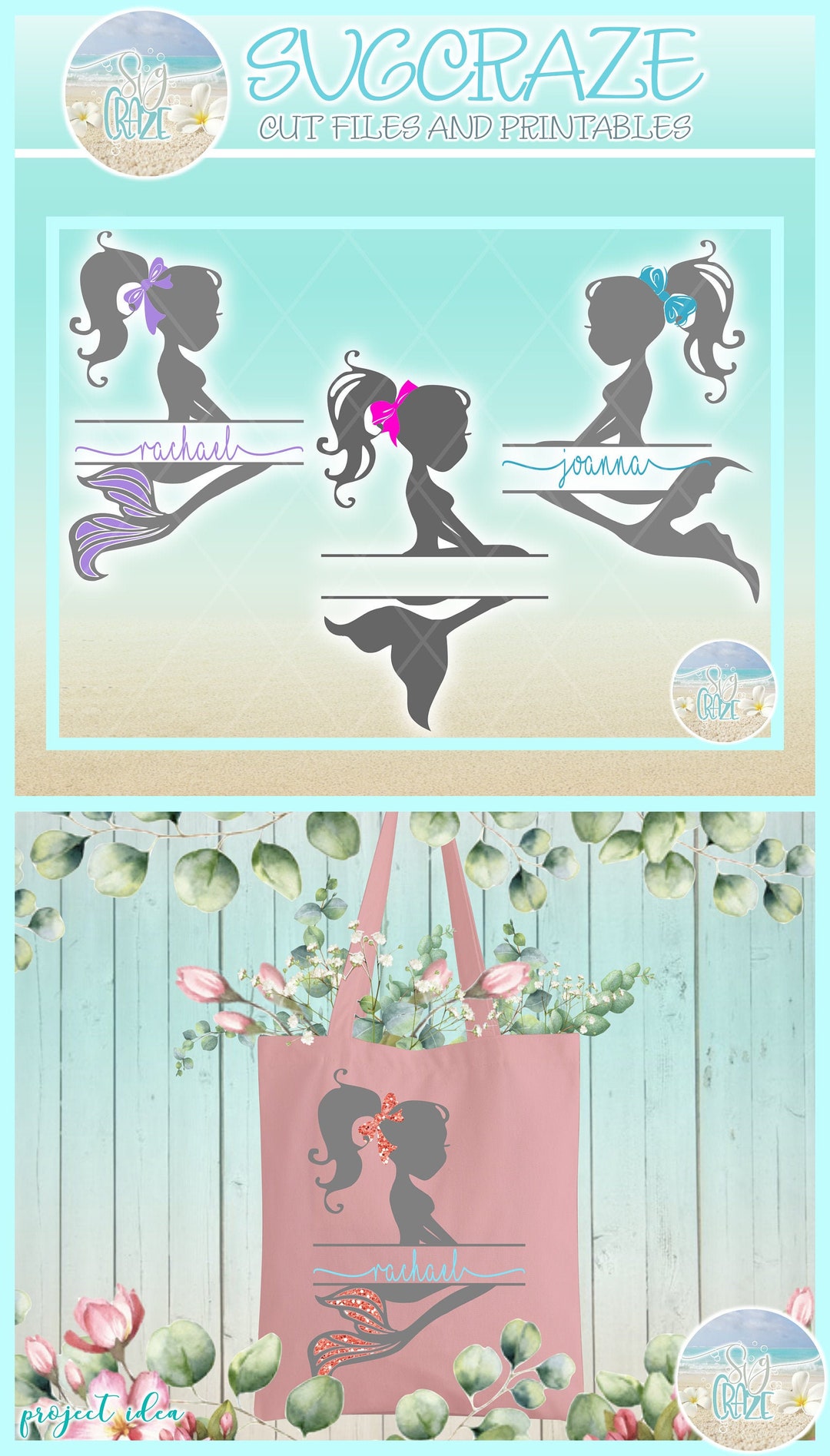 Mermaid Monogram Split Frame SVG Files for Cricut Silhouette - Dxf Eps ...