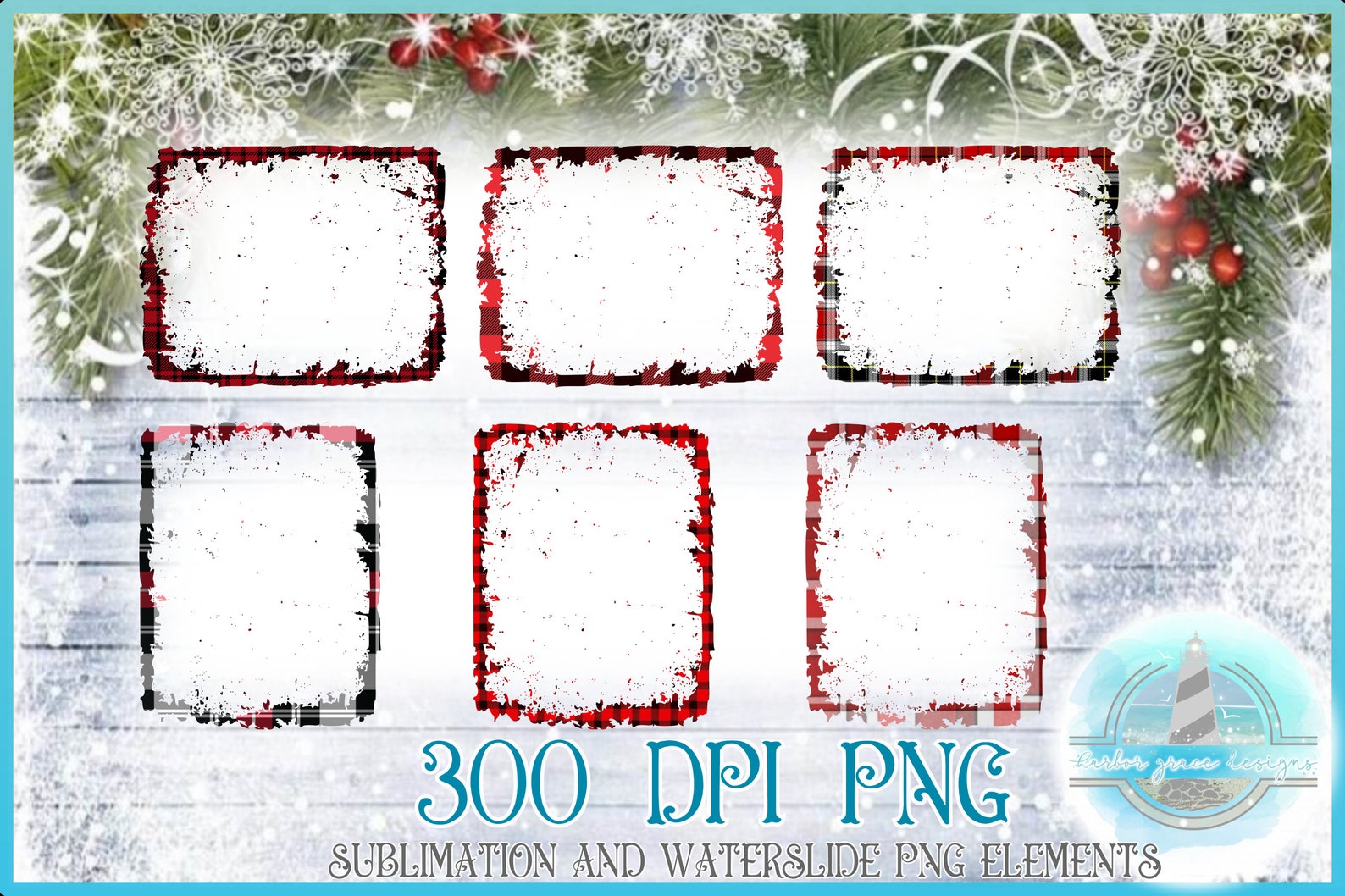 Red and Black Plaid Christmas Frames Grunge Distressed 300 DPI PNG ...