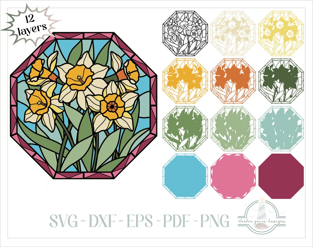 3D Layered Design | Daffodils Faux Stained Glass SVG | Multi Layered ...
