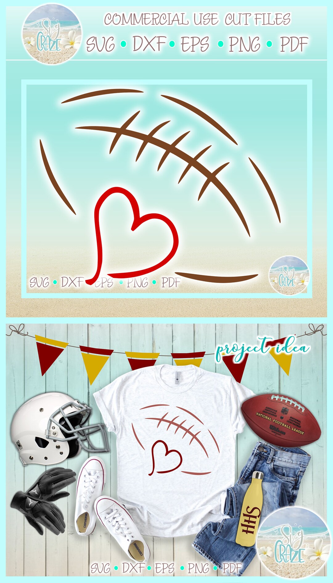 Football With Heart Sports Enthusiast SVG Files for Cricut Silhouette ...