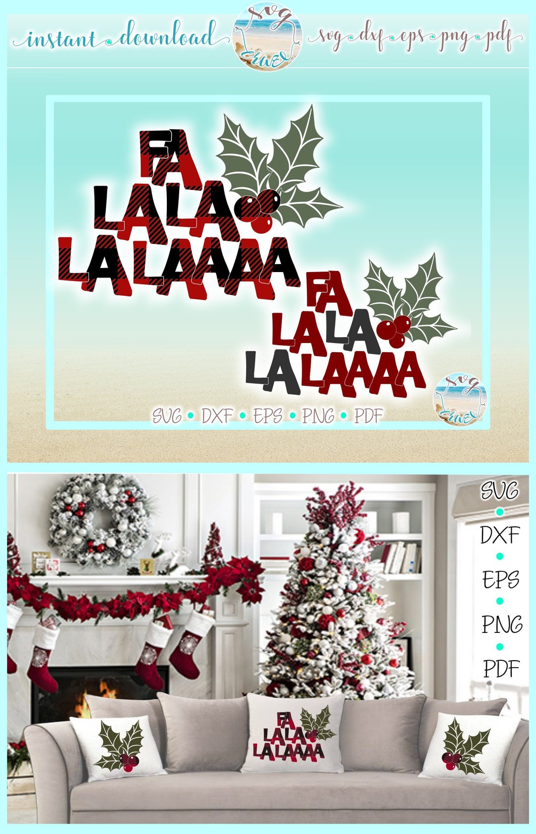 Fa La La La Laaaa Holly Jolly Plaid Christmas Quote SVG Files for Cricut Silhouette Dxf Eps Pdf ...