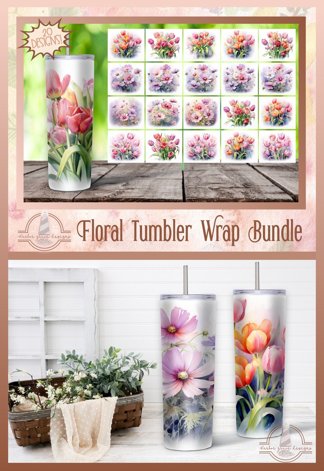 Tulips and Cosmos Skinny Tumbler Wrap Bundle - 15 Floral Tumbler Wraps ...