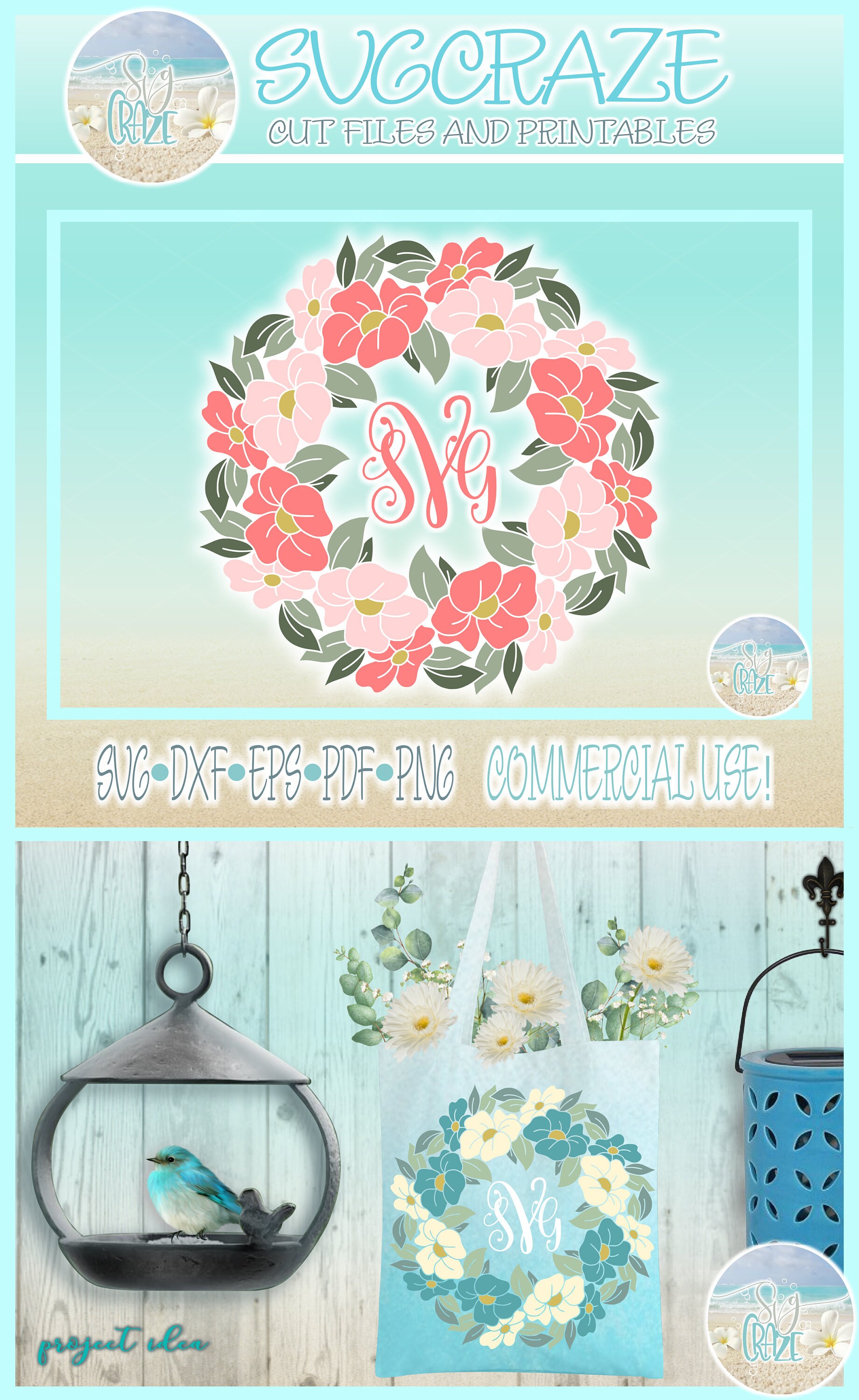 Monogram Flower Floral Wreath Leaves SVG Files for Cricut - Etsy