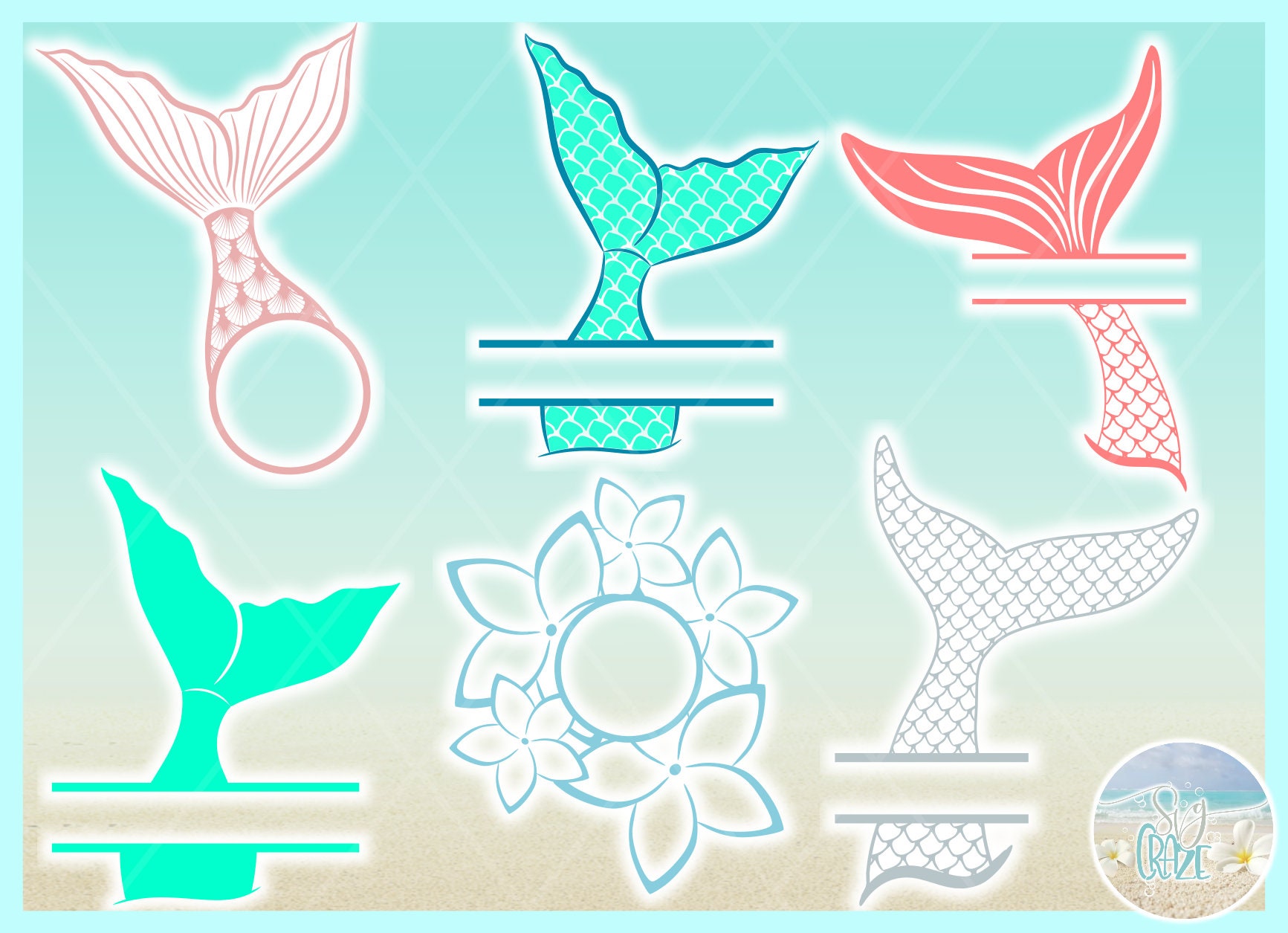 Mermaid Tail Monogram Split Frame Bundle SVG Files for Cricut | Etsy