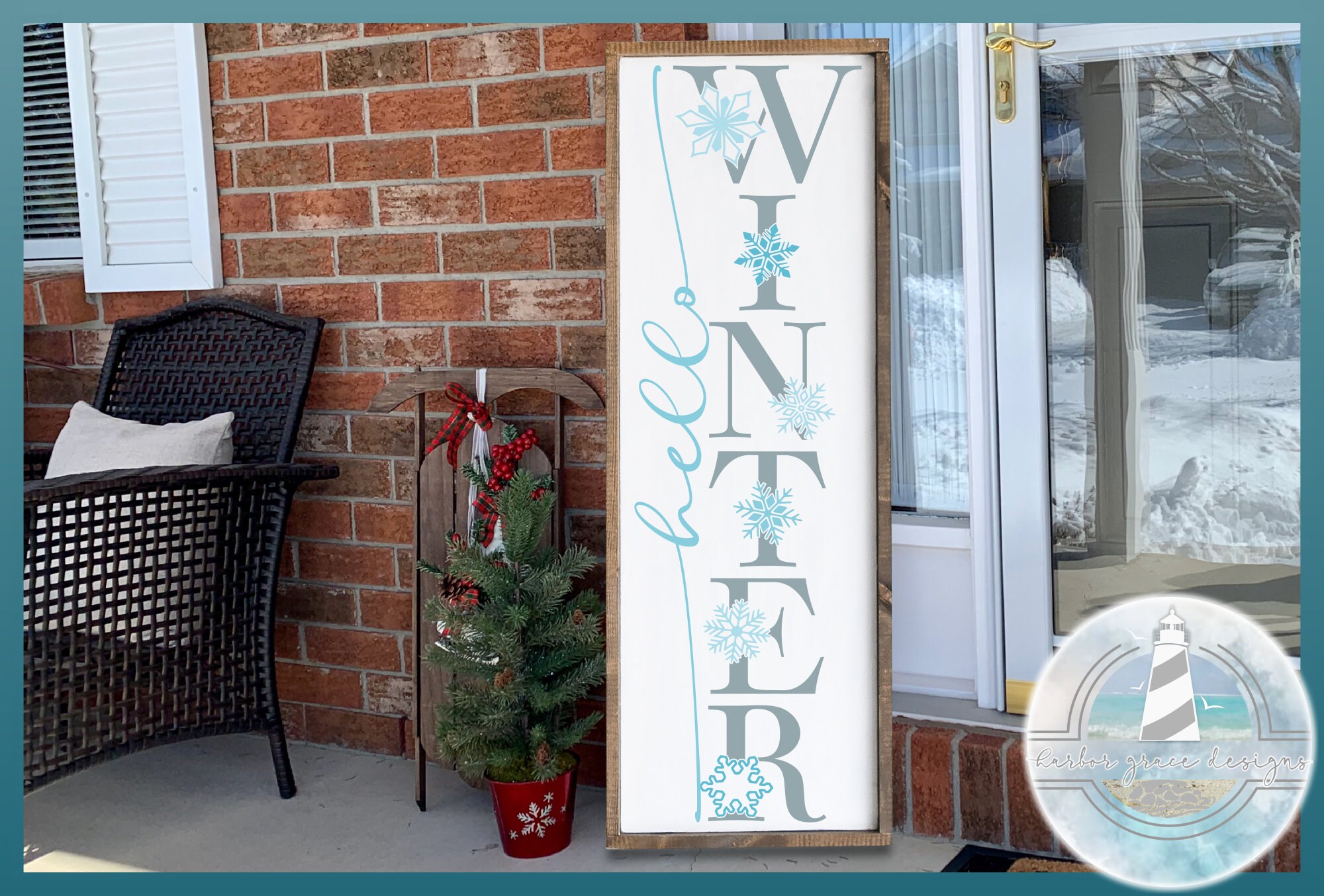 Hello Winter With Snowflakes - Tall Vertical Front Porch Sign Quote SVG ...