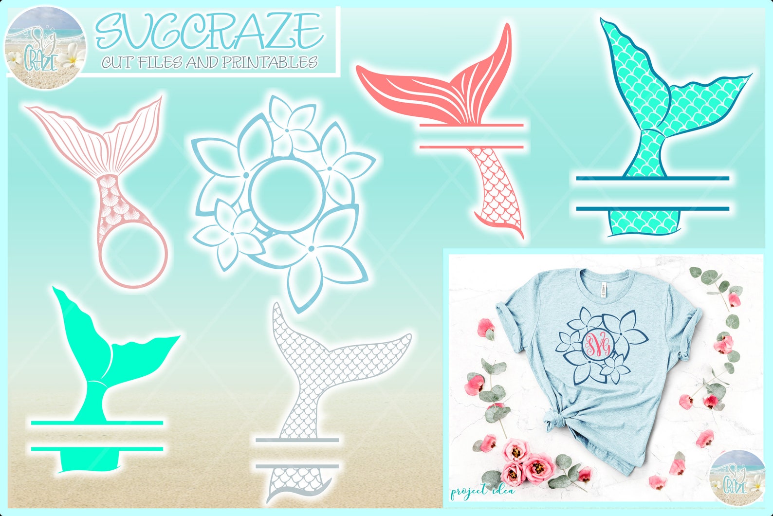 Mermaid Tail Monogram Split Frame Bundle SVG Files for Cricut | Etsy