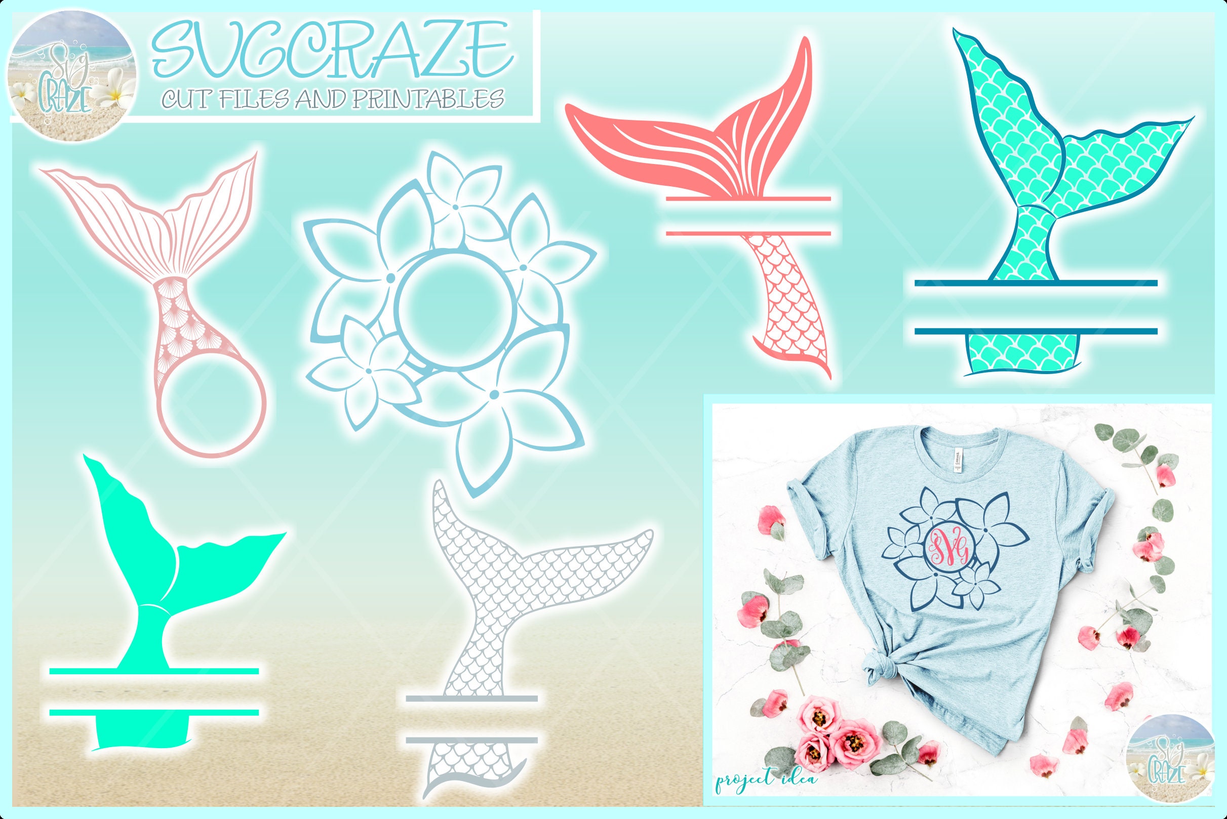 Mermaid Tail Monogram Split Frame Bundle SVG Files for Cricut | Etsy