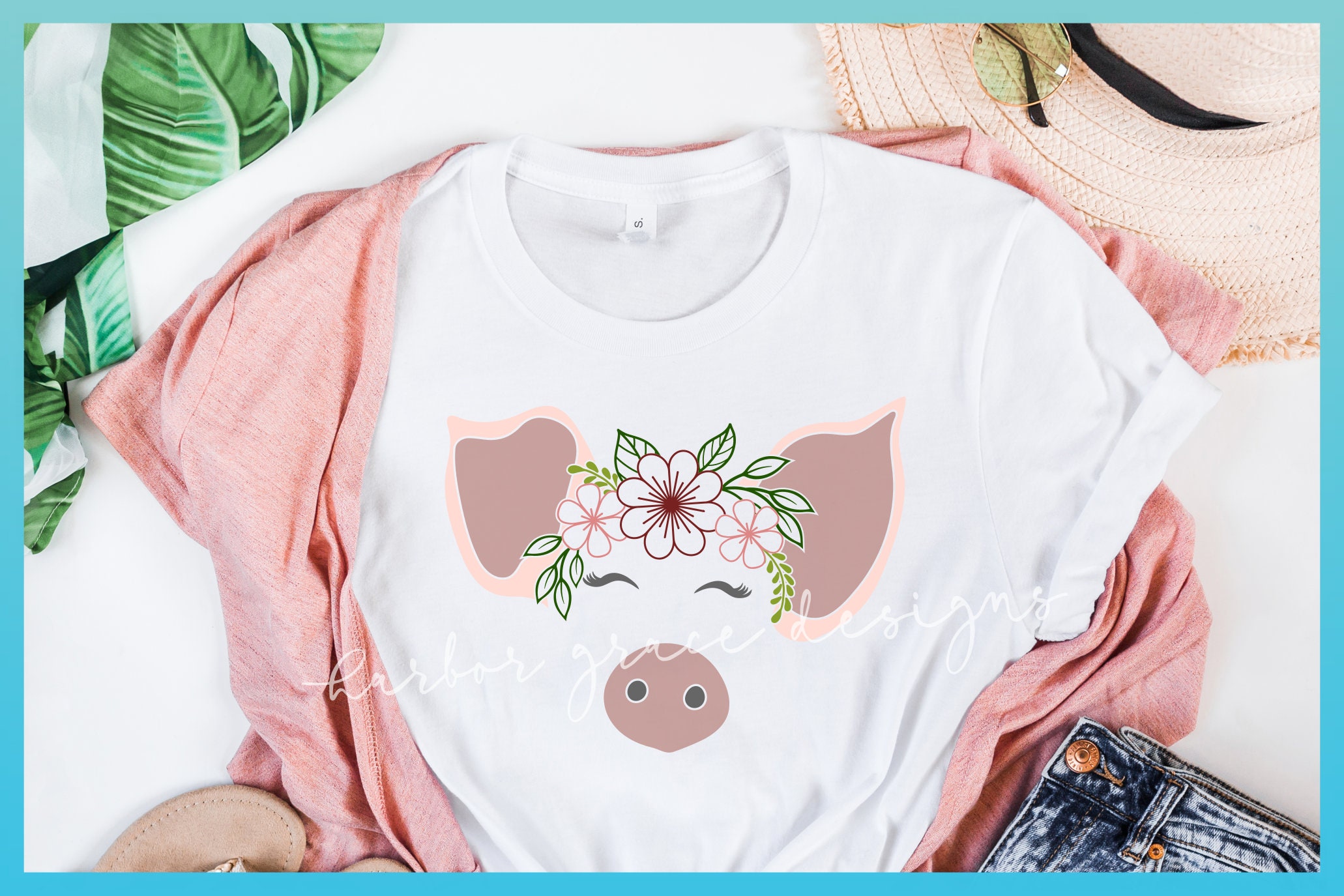 Pig Face With Lineart Flower Swag Headband SVG Files for Cricut ...