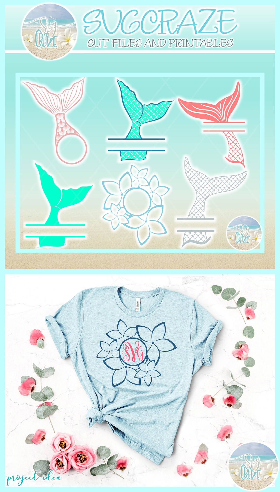 Mermaid Tail Monogram Split Frame Bundle SVG Files for Cricut | Etsy