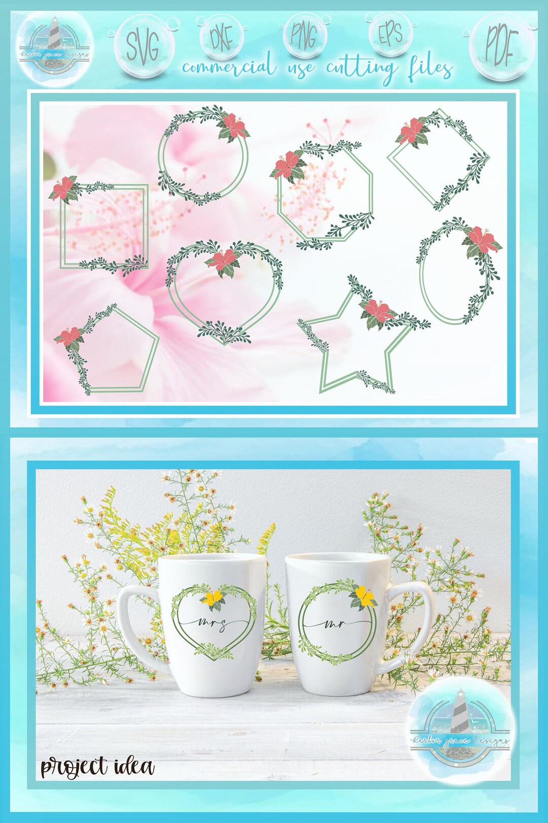 Hibiscus Flower and Leaves Shape Frame Bundle SVG Files for Cricut ...