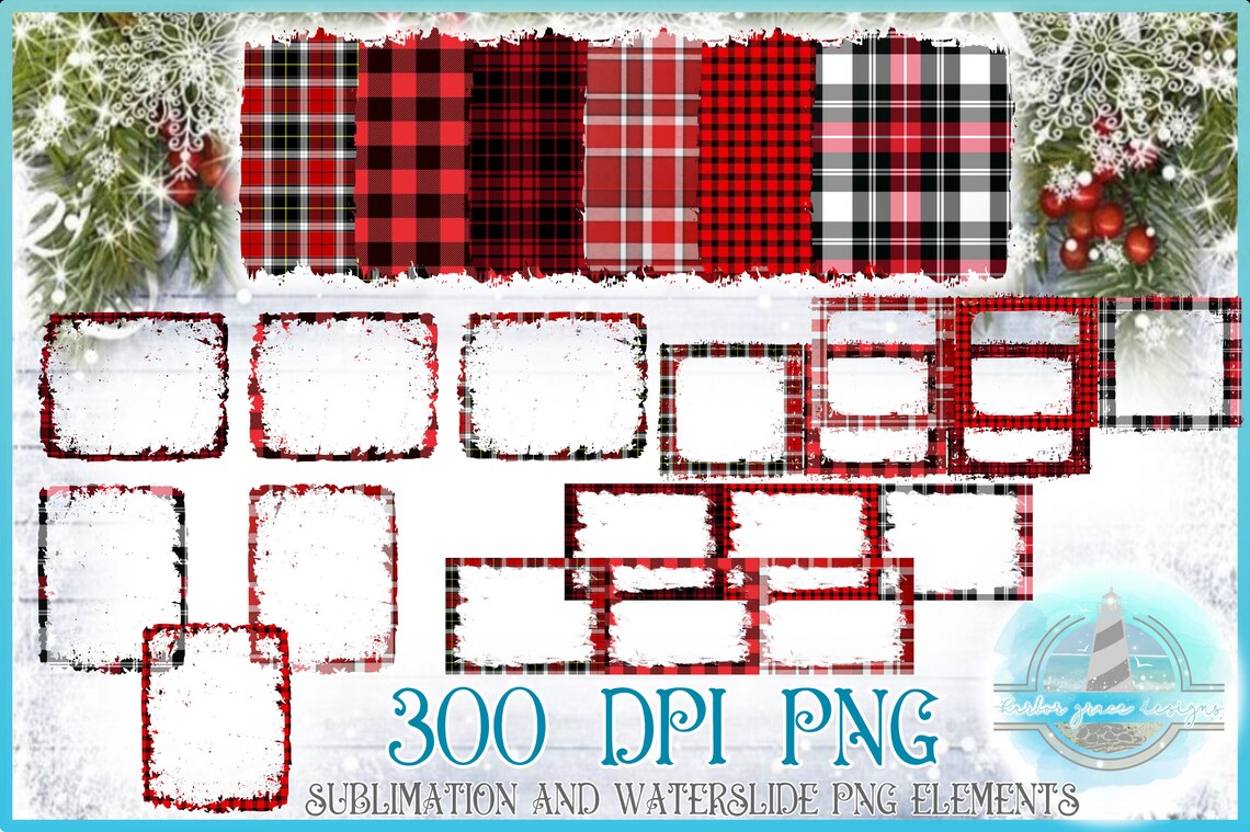 Red and Black Plaid Christmas Frames Grunge Distressed 300 DPI PNG ...