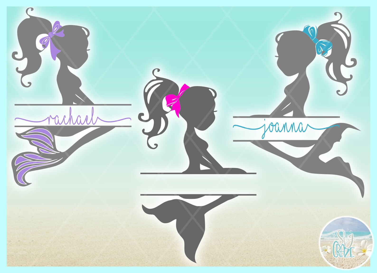 Mermaid Monogram Split Frame SVG Files for Cricut Silhouette - Dxf Eps ...