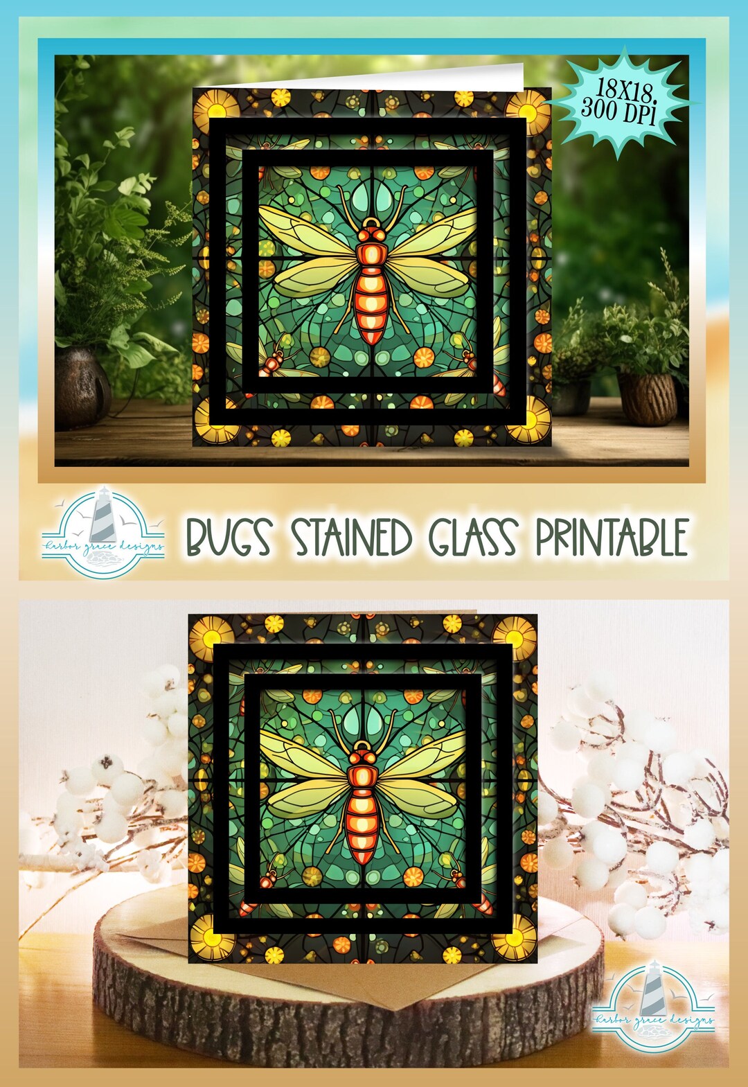 Lightning Bugs Square Stained Glass Card Printable PNG - 18"x18" - 300 ...