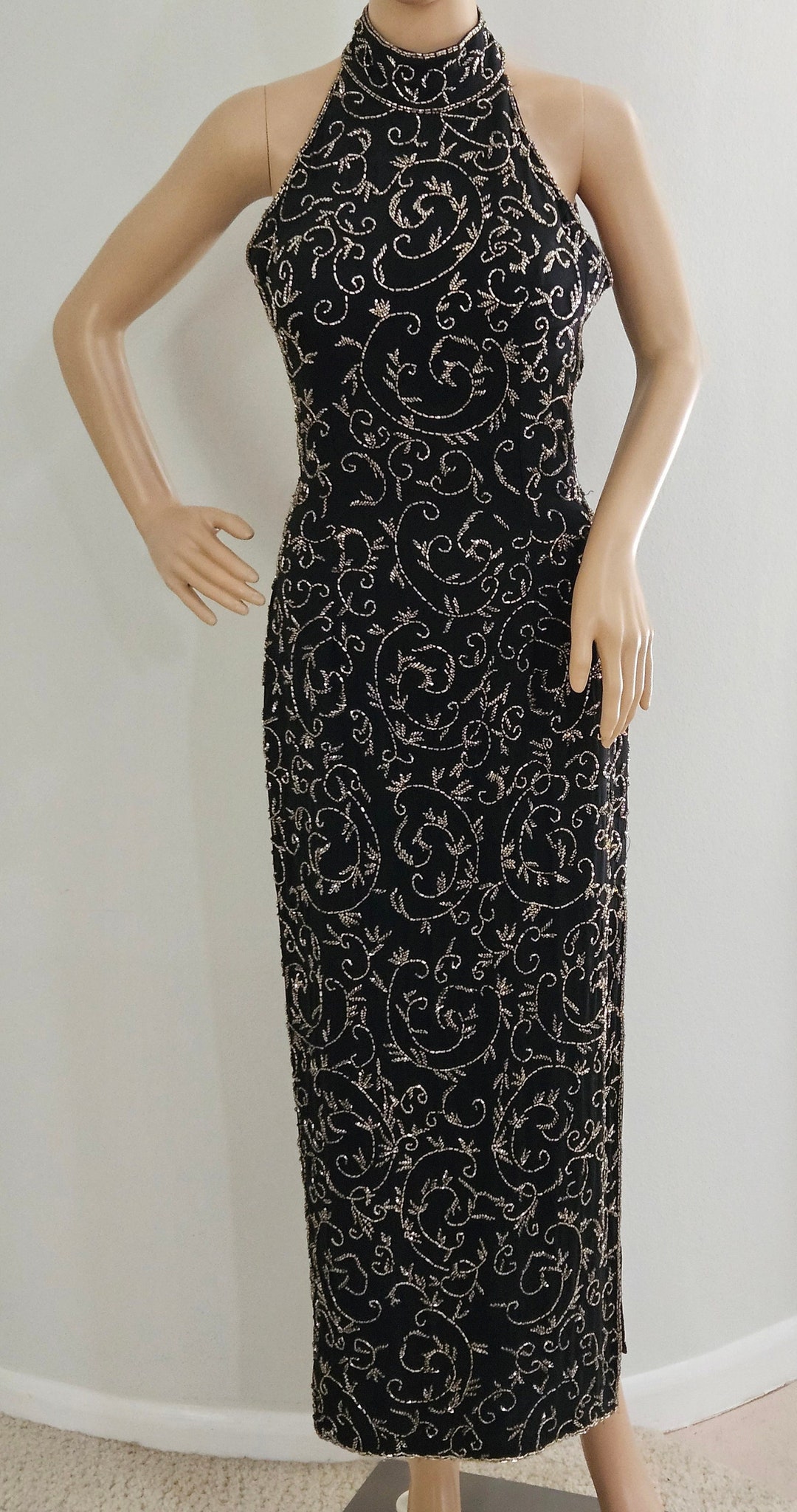 Vintage Cache Beaded Halter Top Evening Gown Cocktail Dress, Black and ...