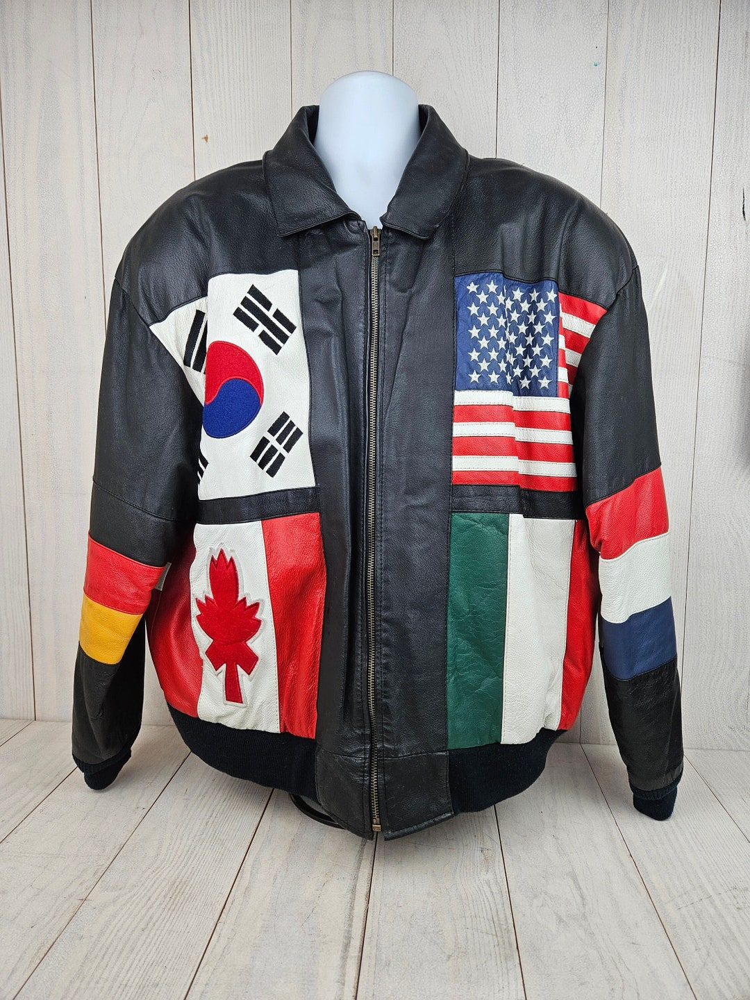 Vintage Phase 2 World Flags Embroidered Leather Bomber Jacket - Etsy