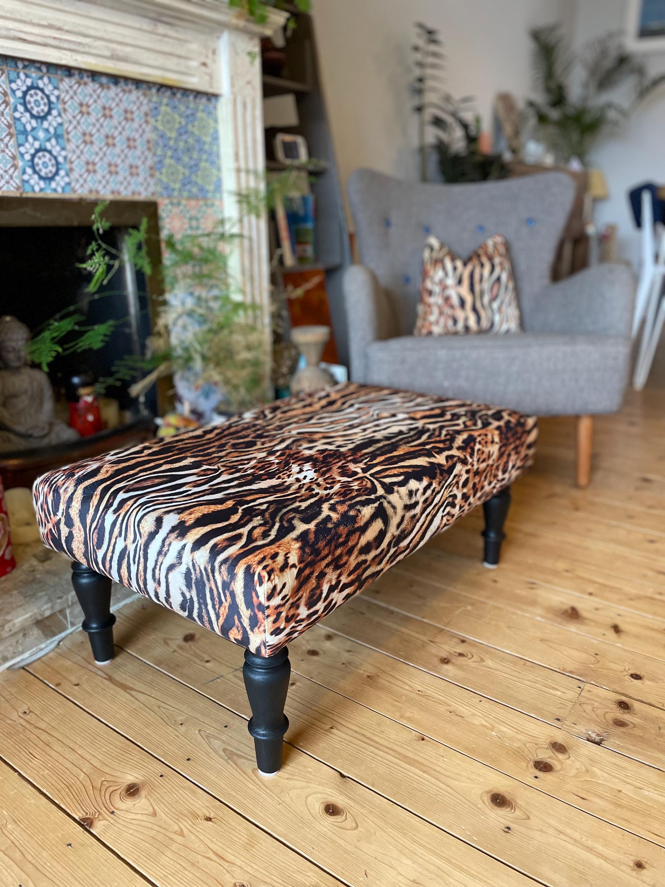 Upholstered footstool coffee table Animal printed velvet fabric Tiger Leopard Jaguar