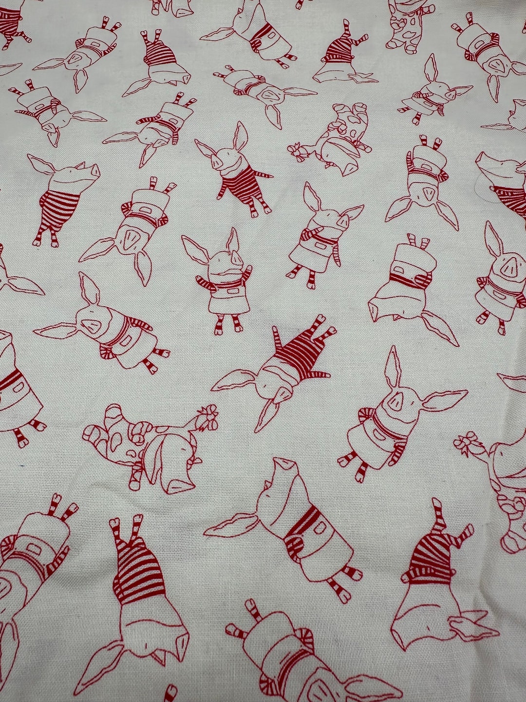 29 Olivia, the Pig Red on Cream Fabric by Anover Fabric 2009 - Etsy