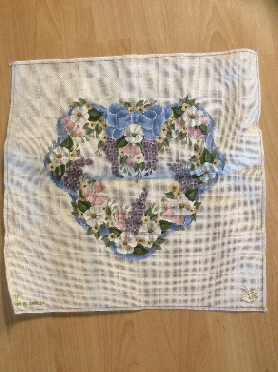 Hand Painted Artist Needlepoint Canvas Floral Heart Blue Bow | Etsy