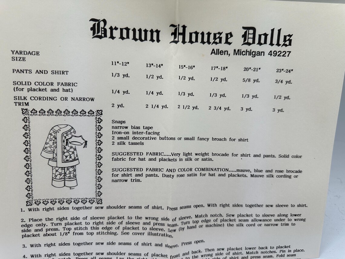 Brown House Dolls Sewing Pattern 674 Antique Chinese Style for 11-12 ...