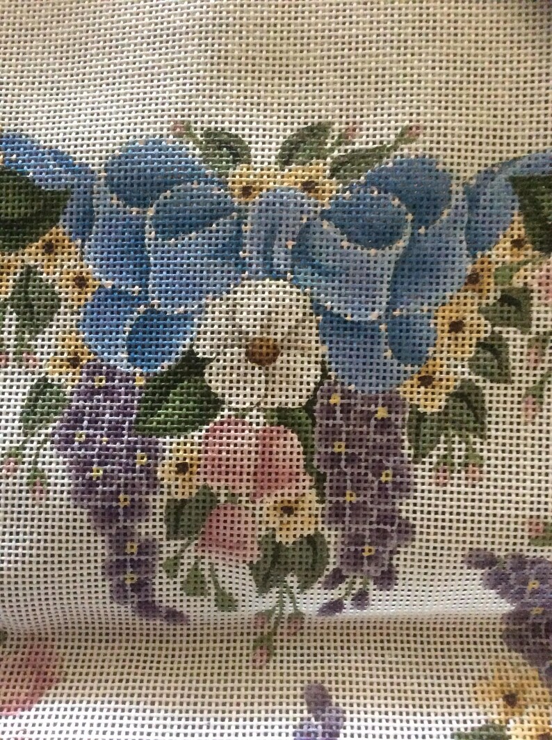 Hand Painted Artist Needlepoint Canvas Floral Heart Blue Bow by M ...