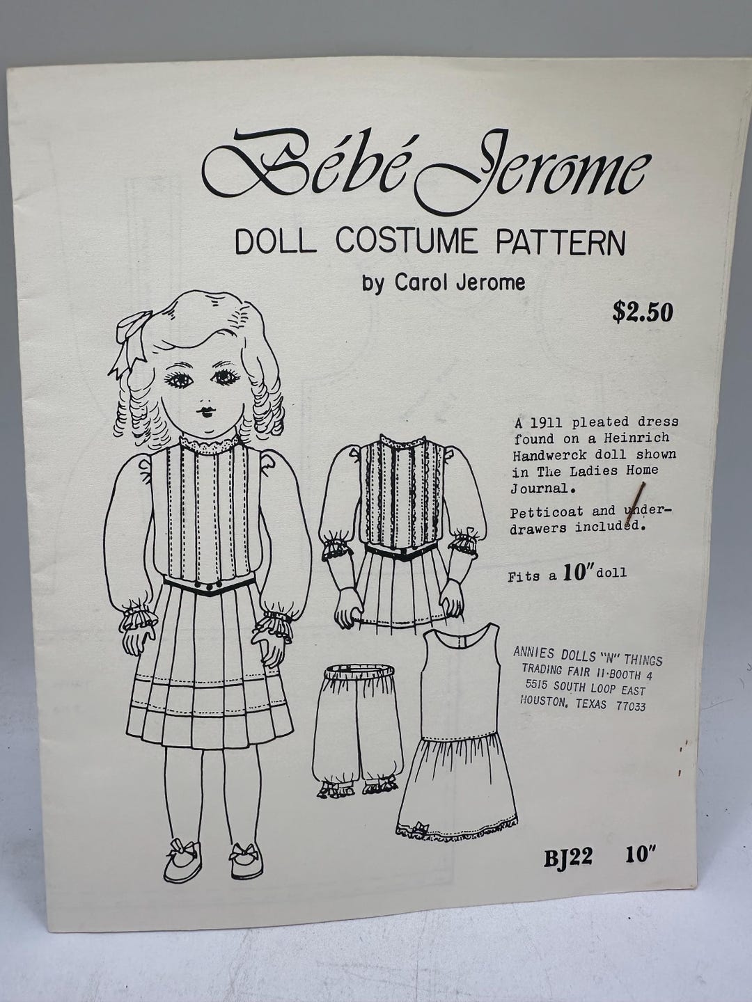 Bebe Jerome Doll Dress Sewing Pattern 10” 1911 Pleated Dress, Underwear ...