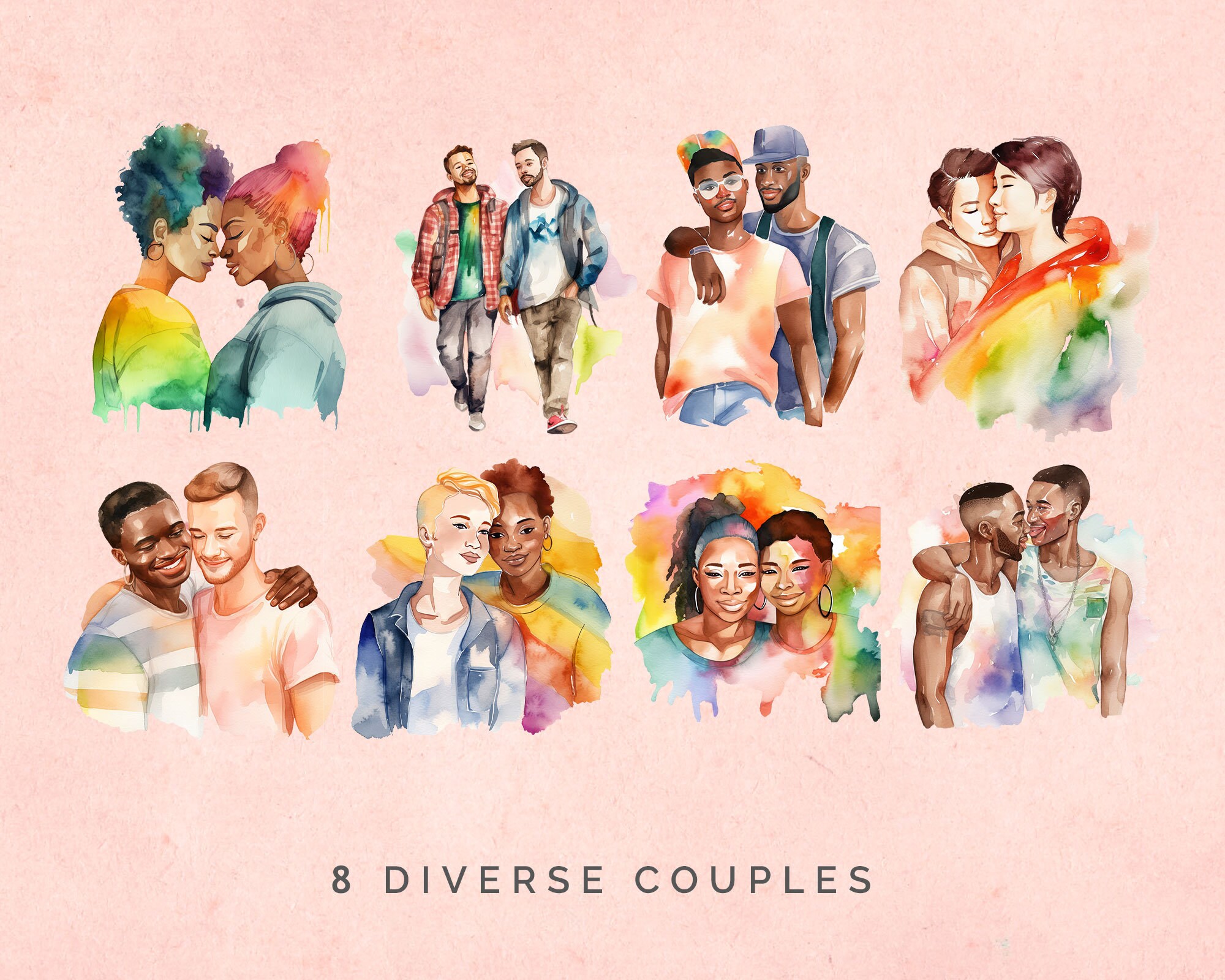 Diverse Rainbow Pride Watercolor Clip Art Collection With LGBTQ+ ...
