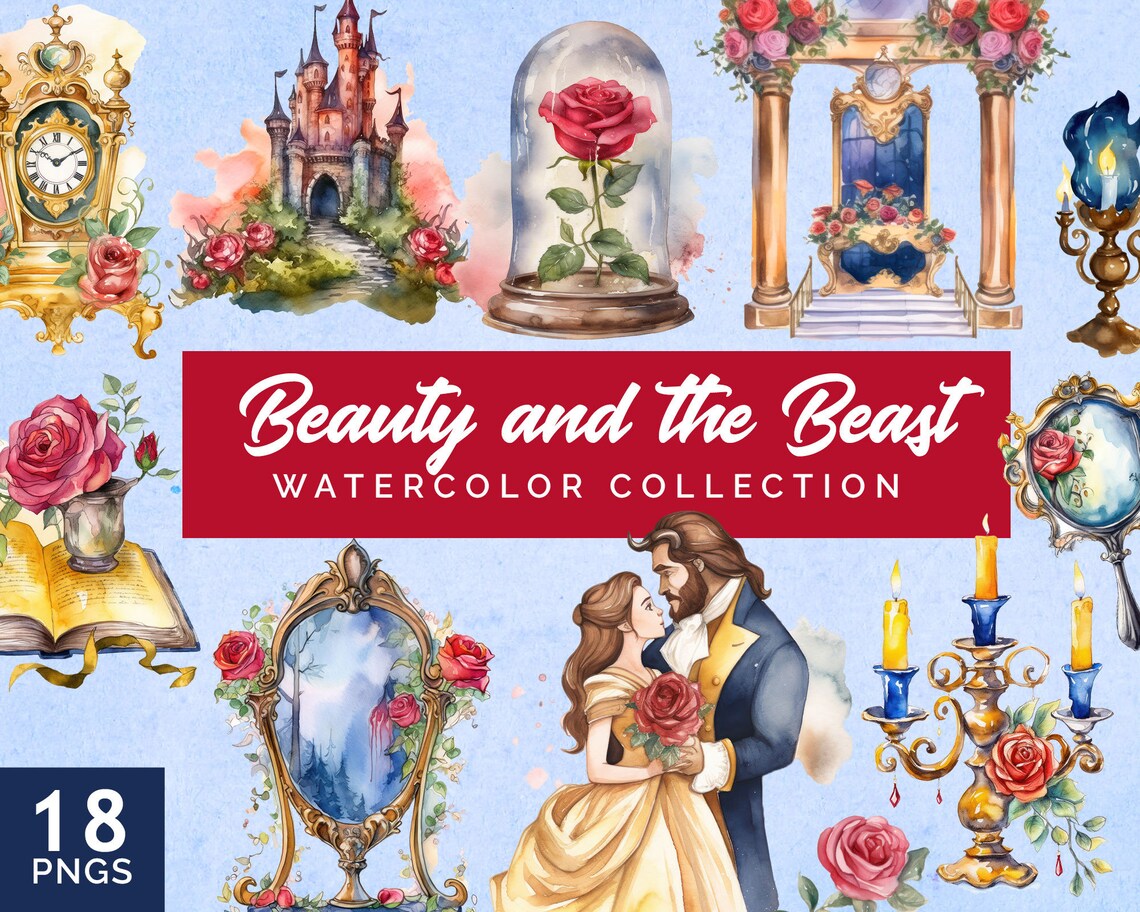 Beauty and the Beast Watercolor Clip Art Collection - High-quality Pngs ...