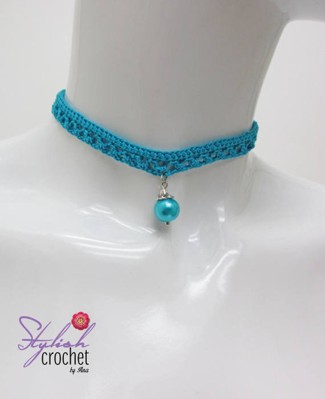 Blue Chocker With Blue Charm. Handmade Choker Lace Necklace, Boho ...